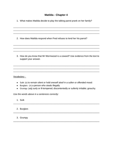 Matilda - Chapters 1 - 7 assessments | Teaching Resources