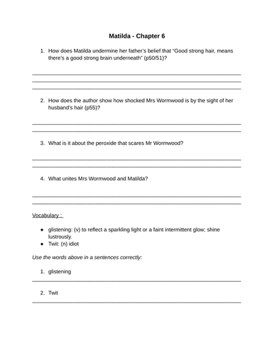 Matilda - Chapters 1 - 7 assessments | Teaching Resources