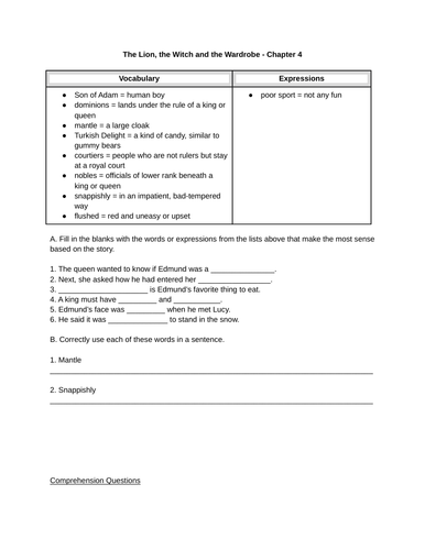 Lion, the Witch and the Wardrobe - Chapter Assessments | Teaching Resources