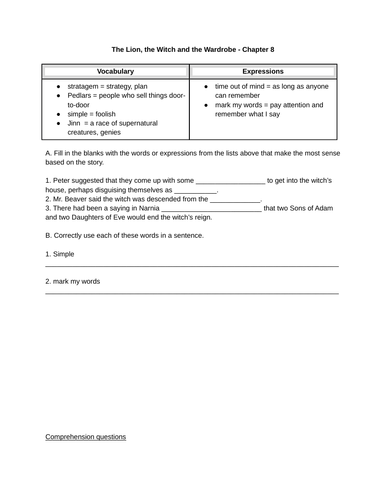 Lion, the Witch and the Wardrobe - Chapter Assessments | Teaching Resources