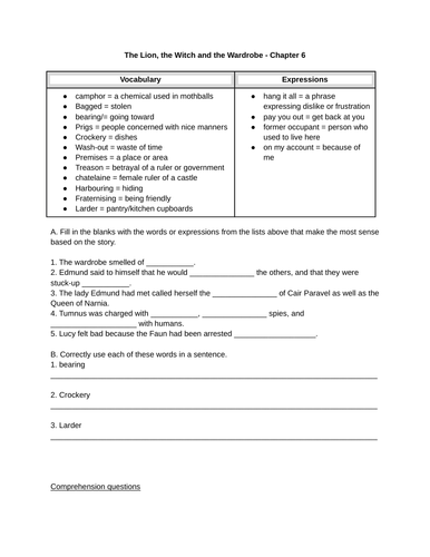 Lion, the Witch and the Wardrobe - Chapter Assessments | Teaching Resources