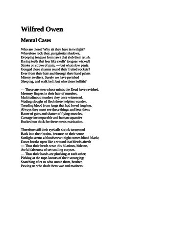 War poetry Wilfred Owen Mental Cases | Teaching Resources
