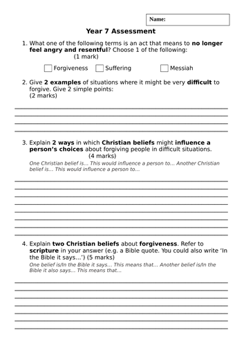 Exam Style Forgiveness Assessment and Activity (Whole Lesson ...