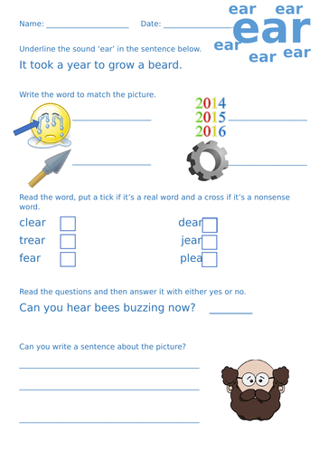 Phonics Phase 3 'ear' sound worksheet | Teaching Resources