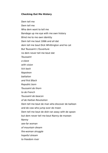 Checking Out Me History - AQA Poetry Conflict Cluster | Teaching Resources Checking Out Me History - AQA Poetry Conflict Cluster | Teaching Resources