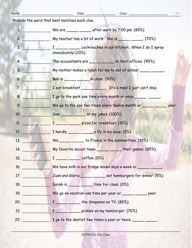 Frequency Adverbs-Time Expressions Matching Worksheet | Teaching Resources