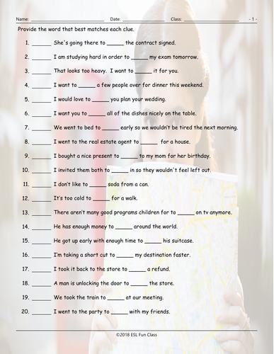 Infinitives of Purpose Matching Worksheet | Teaching Resources