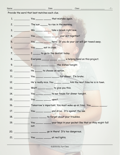Modal Verbs-Obligation Necessity Prohibition Matching Worksheet ...