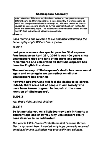 Shakespeare anniversary assembly 23rd April | Teaching Resources