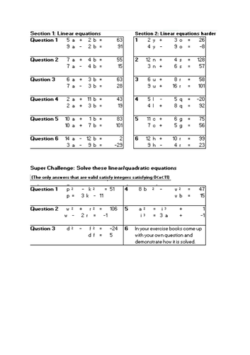 Simultaneous Equations Worksheet, Linear / Quadratic, 3 Levels ...