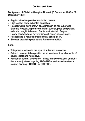 Lesson plan and Worksheet for Christina Rossetti's Remember | Teaching ...