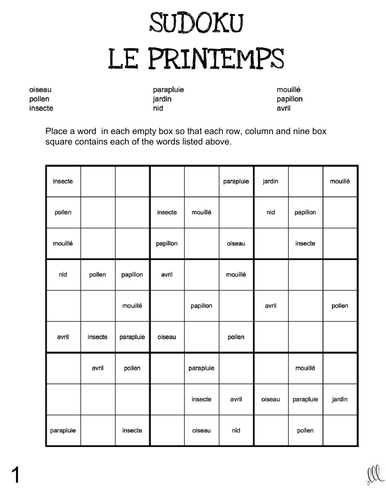 French spring vocabulary sudoku puzzles - Le printemps | Teaching Resources