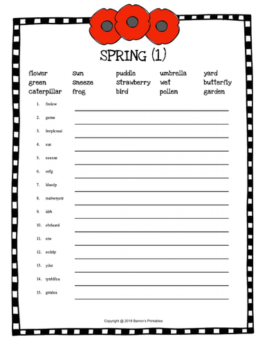 Spring scrambled words no prep printable worksheets | Teaching Resources