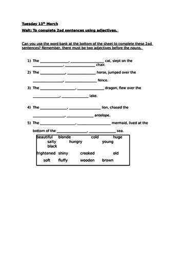 Expanded noun/ 2 adjective sentence pack. | Teaching Resources