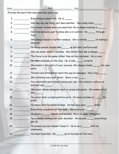 Bad Bosses Matching Worksheet | Teaching Resources