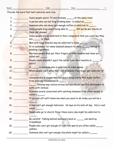 Bad Habits-Addictions Matching Worksheet | Teaching Resources