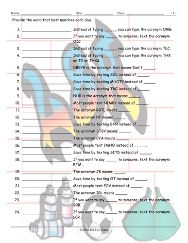Cell Phones-Texting Acronyms Matching Worksheet | Teaching Resources