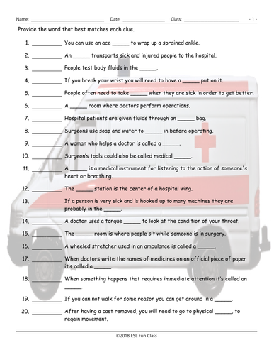 Hospitals-Injuries Matching Worksheet | Teaching Resources