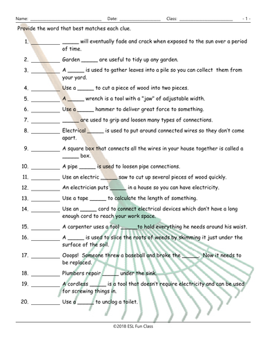 House Repairs, Tools-Supplies Matching Worksheet | Teaching Resources