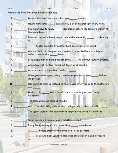 Houses-Apartments Types-Features Matching Worksheet | Teaching Resources