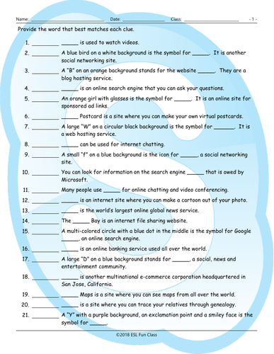 Internet Sites-Terms Matching Worksheet | Teaching Resources