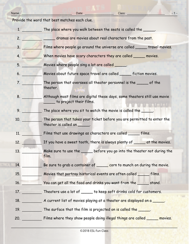 Movies Things-Genres Matching Worksheet | Teaching Resources