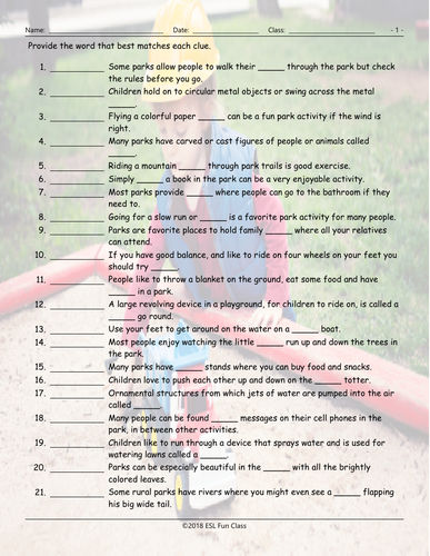 Park Things-Activities Matching Worksheet | Teaching Resources