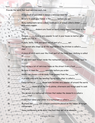 Restaurant Things-Activities Matching Worksheet | Teaching Resources