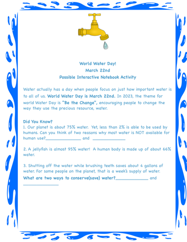 WORLD WATER DAY!(INTERACTIVE NOTEBOOK ACTIVITY) FREE | Teaching Resources