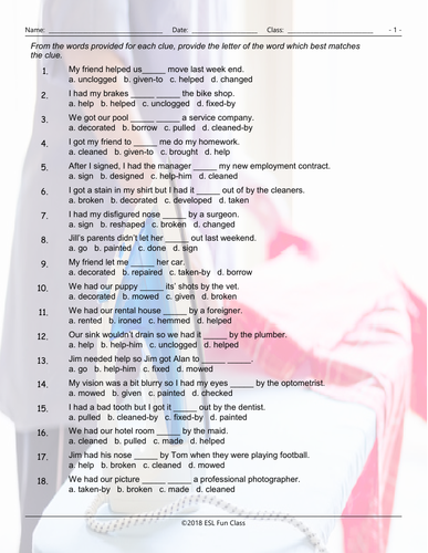 Causative Verb Forms Multiple Choice Worksheet | Teaching Resources