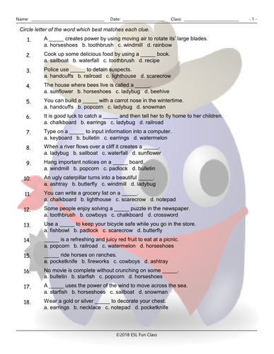 Compound Nouns Multiple Choice Worksheet | Teaching Resources