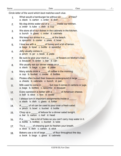 Container Words Multiple Choice Worksheet | Teaching Resources