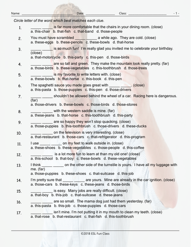 Demonstrative Adjectives Multiple Choice Worksheet | Teaching Resources