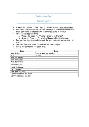 French Dates Worksheet | Teaching Resources