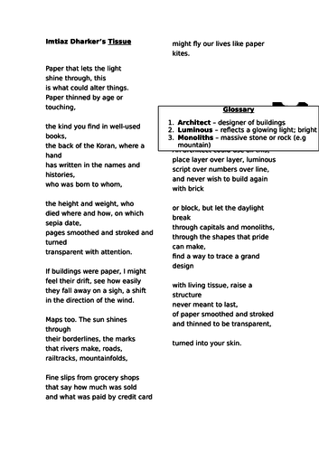 'Tissue' by Dharker - AQA Literature Poetry Conflict Cluster | Teaching ...
