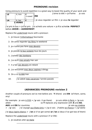 Pronouns in French for GCSE | Teaching Resources