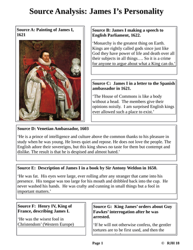 James I: Source analysis of his personality and character | Teaching ...