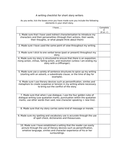 Short story writing checklist | Teaching Resources