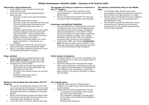 AQA GCSE Macbeth - Sheet with Relevant Context (AO3) | Teaching Resources
