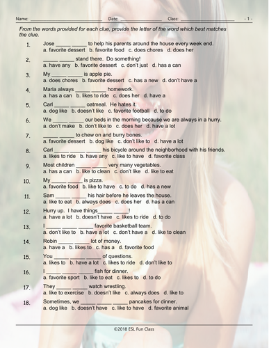 Have-Do-Like-Favorites Multiple Choice Worksheet | Teaching Resources