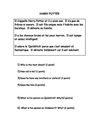 FRENCH HARRY POTTER Reading Skills | Teaching Resources