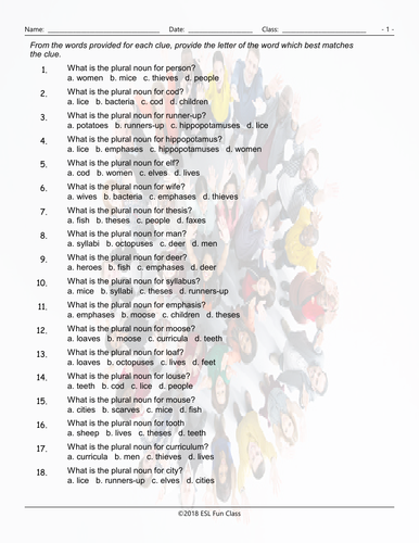Irregular Plural Nouns Multiple Choice Worksheet | Teaching Resources