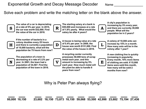 Exponential Growth and Decay Activity: Math Message Decoder | Teaching ...