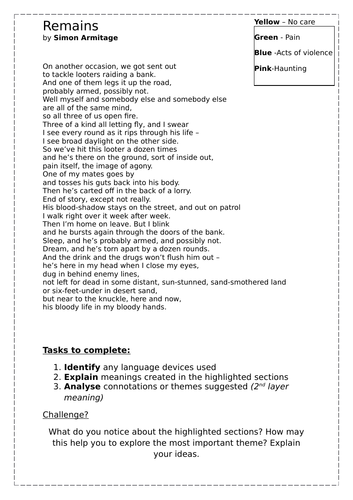 Remains by Armitage - AQA Literature Poetry Conflict Cluster | Teaching ...