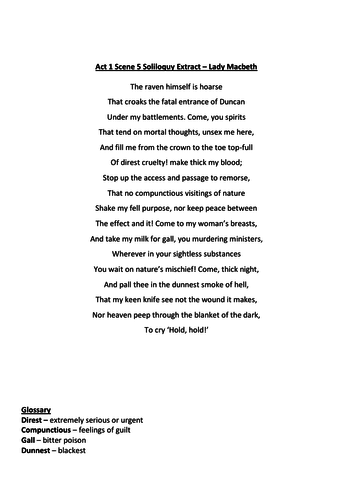 Macbeth Act 1 Scene 5 (Lady Macbeth's Soliloquy) | Teaching Resources