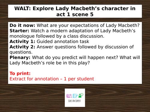 Macbeth Act 1 Scene 5 (Lady Macbeth's Soliloquy) | Teaching Resources
