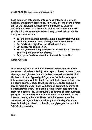Unit 11 Sports Nutrition level 3 BTEC | Teaching Resources