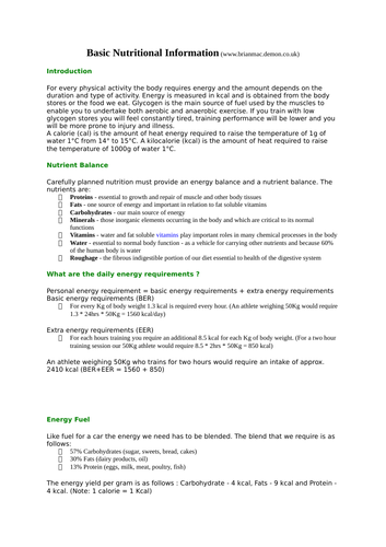 Unit 11 Sports Nutrition level 3 BTEC | Teaching Resources