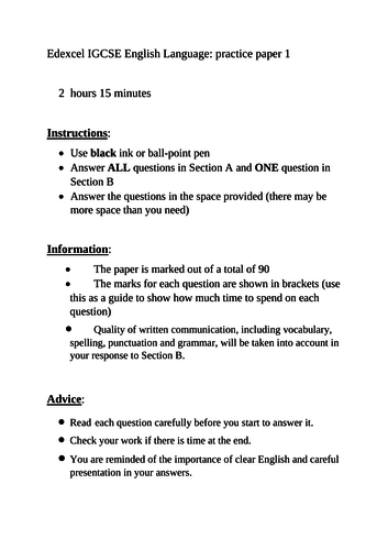 IGCSE English Language (Edexcel) practice paper | Teaching Resources
