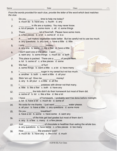 Quantifiers Multiple Choice Worksheet | Teaching Resources